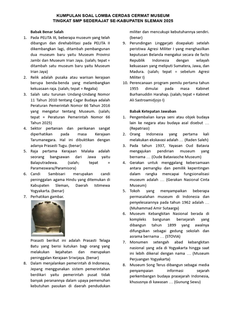 Kumpulan Soal Lomba Cerdas Cermat Museum Tingkat Kabupaten Sleman 2025 | PDF