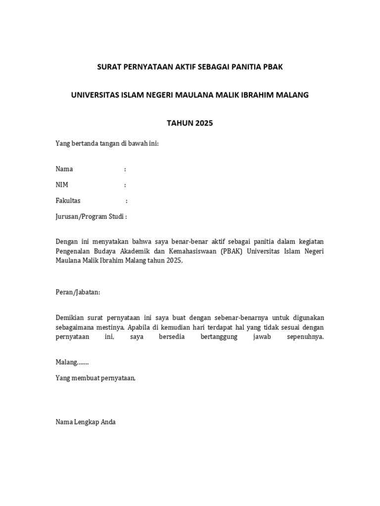 Surat Pernyataan Panitia PBAK 2025 | PDF