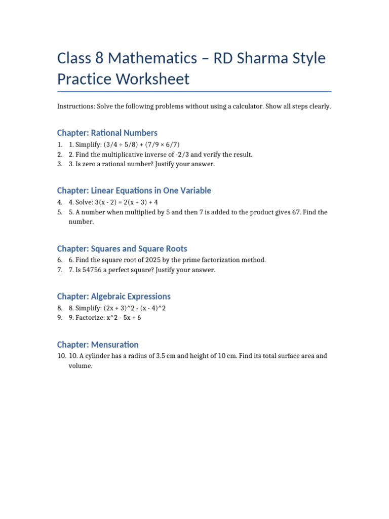 Class8 RDSharmaStyle Worksheet | PDF