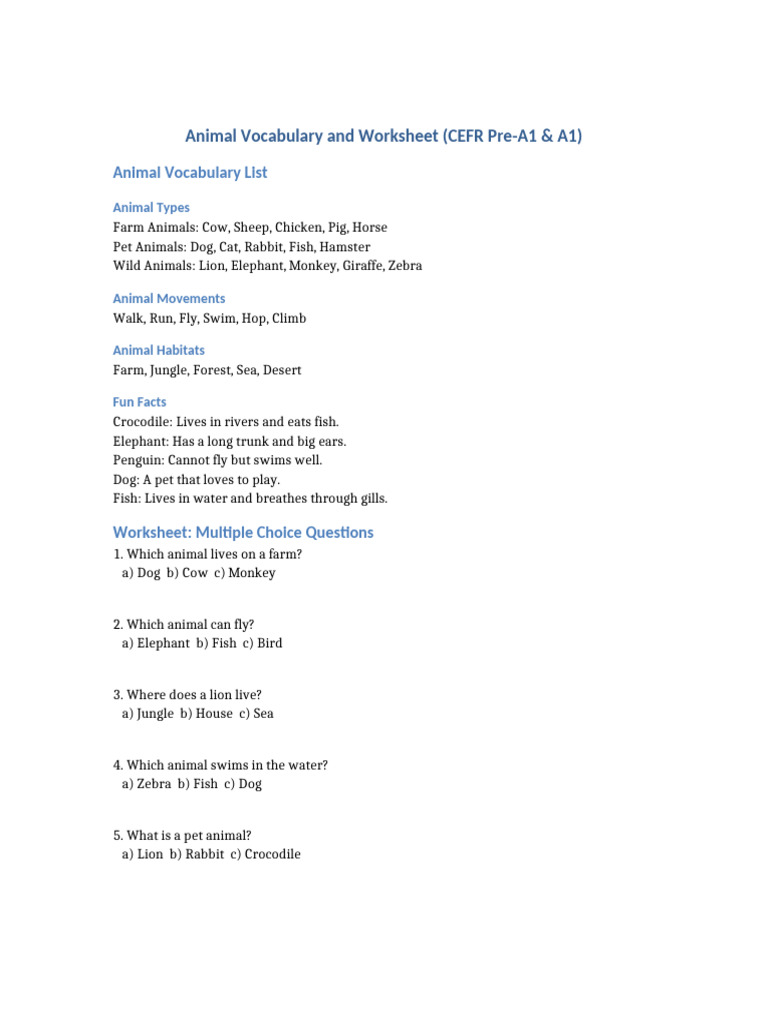 Expanded CEFR PreA1 A1 Animal Worksheet | PDF