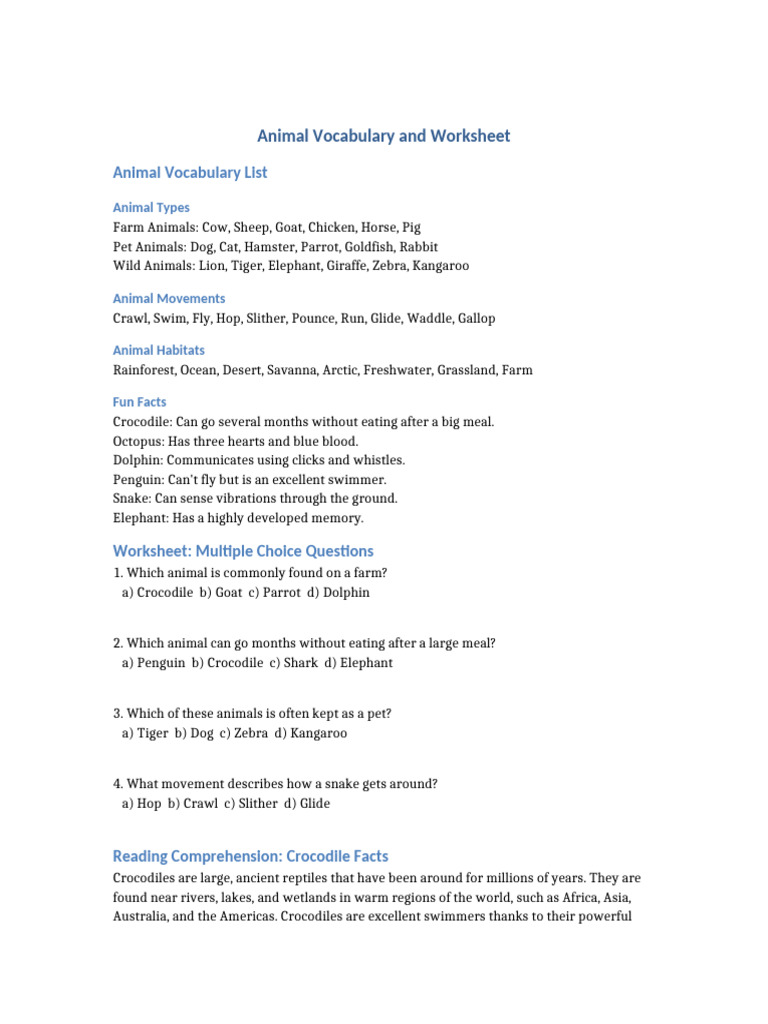Animal Vocabulary Worksheet | PDF | Crocodile | Predation