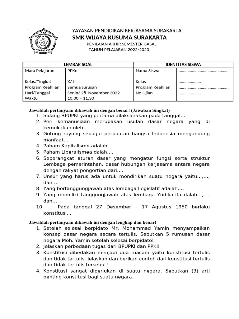 Pas PPKN Ganjil Kelas X 2022 | PDF