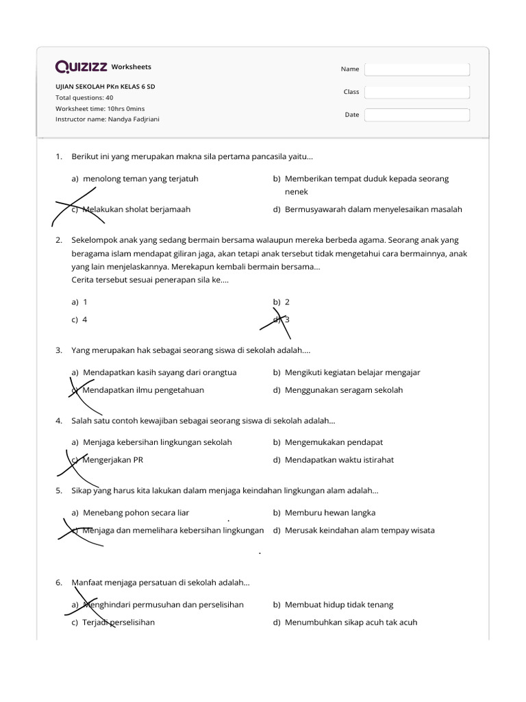 Ujian Sekolah PKN Kelas 6 SD - Quizizz | PDF