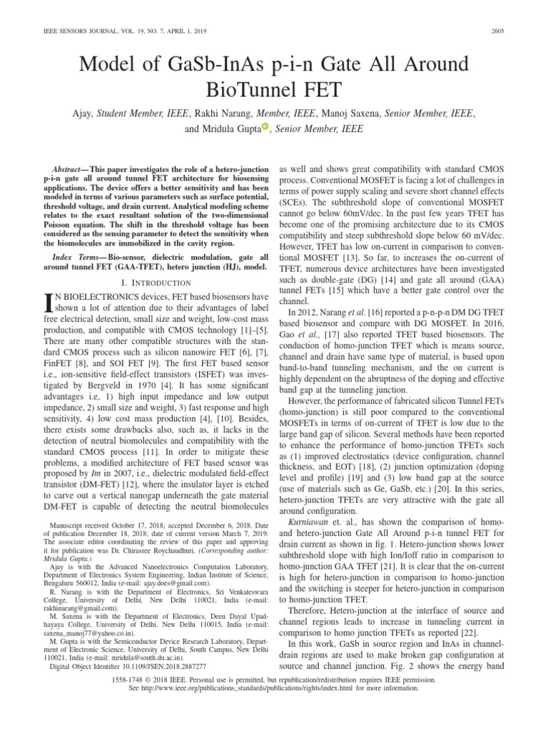 Model of GaSb-InAs P-I-N Gate All Around BioTunnel FET | PDF | Field ...