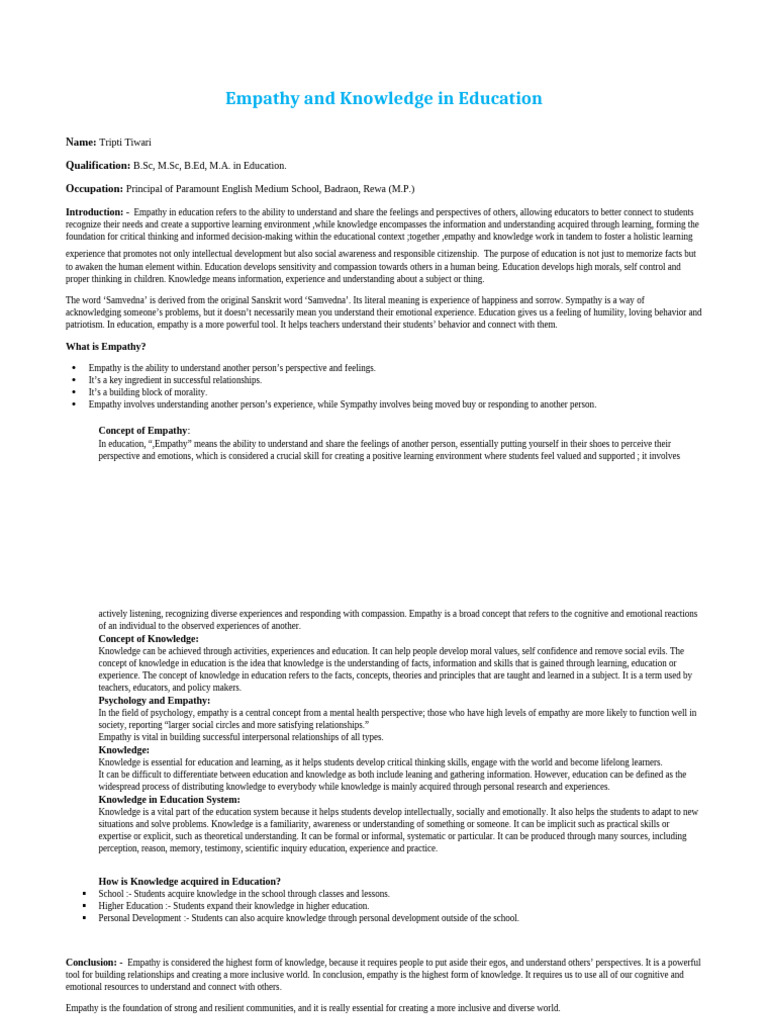 Empathy and Knowledge in Education | PDF | Empathy | Knowledge