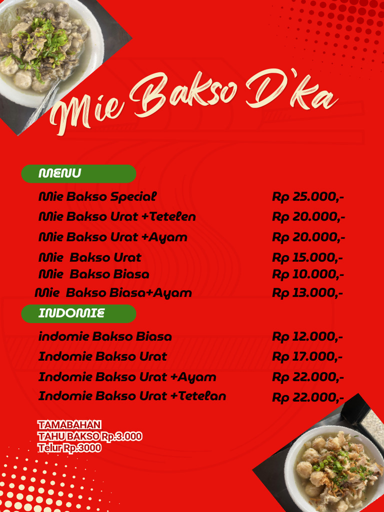 Putih & Merah Minimalis Promosi Makanan Daftar Menu Mie Ayam Dokumen A4 ...