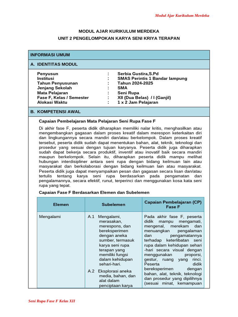 Modul Ajar Unit 2 Pengelompokan Karya Seni Kriya Terapan | PDF