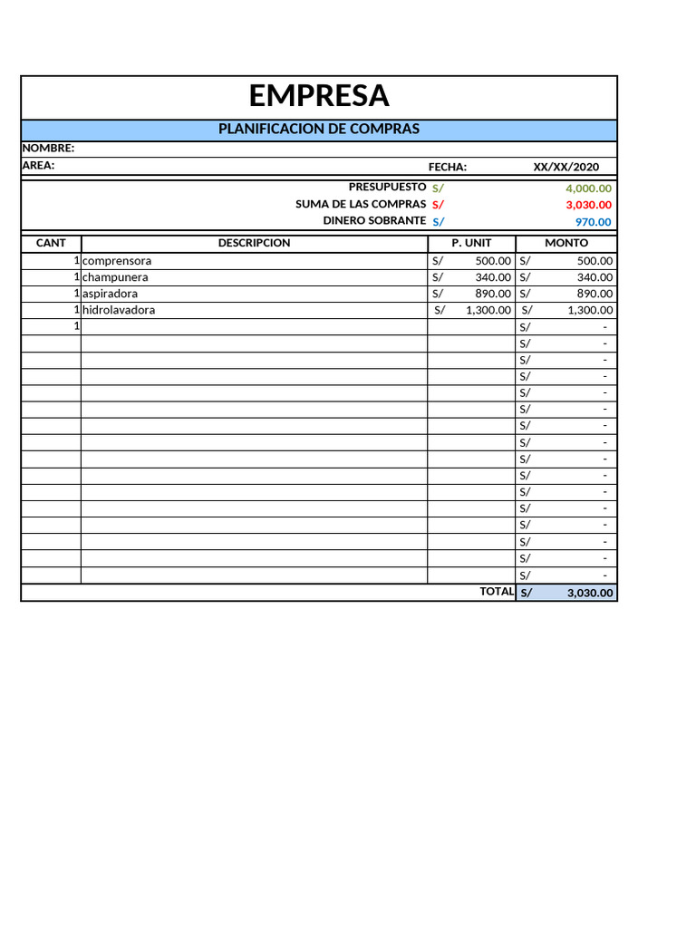 Planilla de Excel de Planeamiento de Compras | PDF