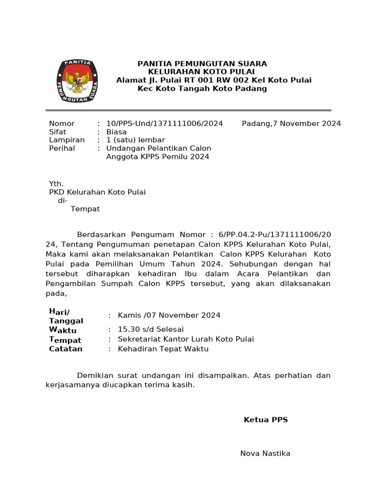 Undangan Pelantikan Kpps Pilkada 2024 | PDF