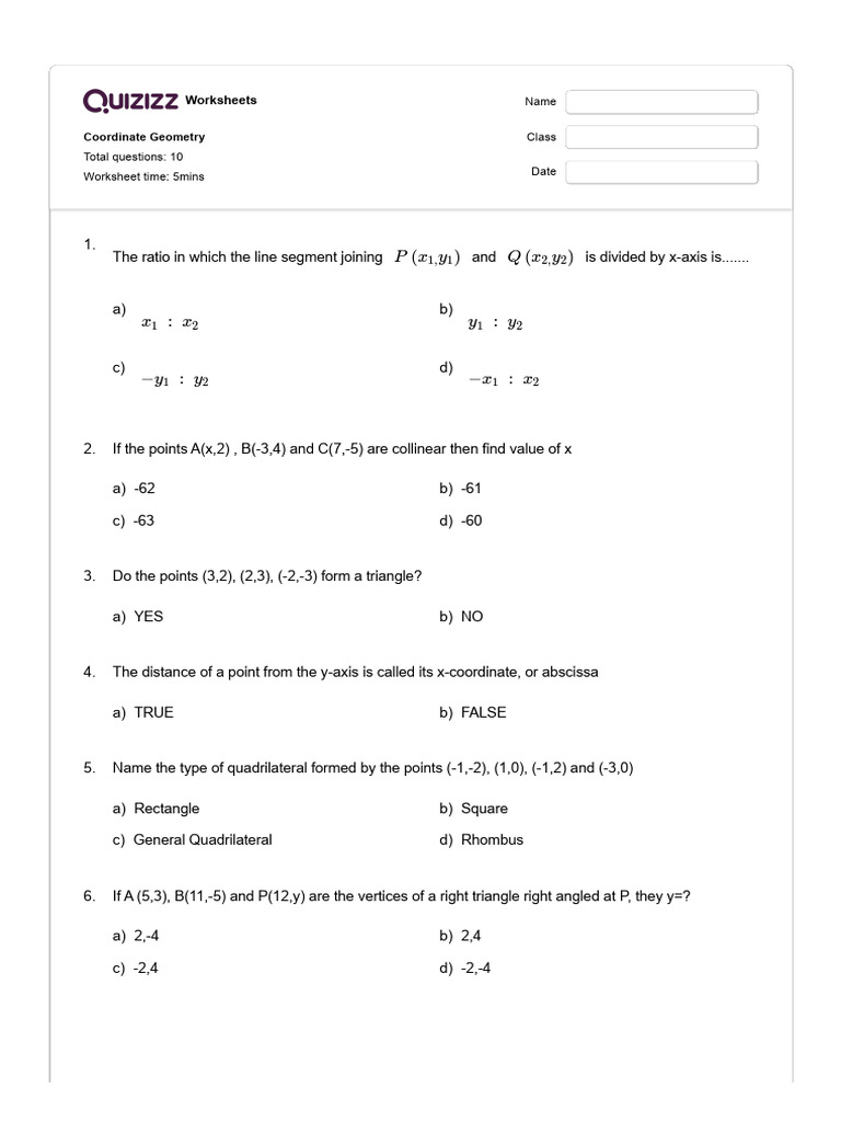 Coordinate Geometry - Quizizz | PDF | Euclidean Plane Geometry | Euclid