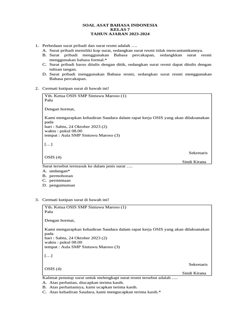 Soal Asat Bahasa Indonesia Kelas 7 | PDF