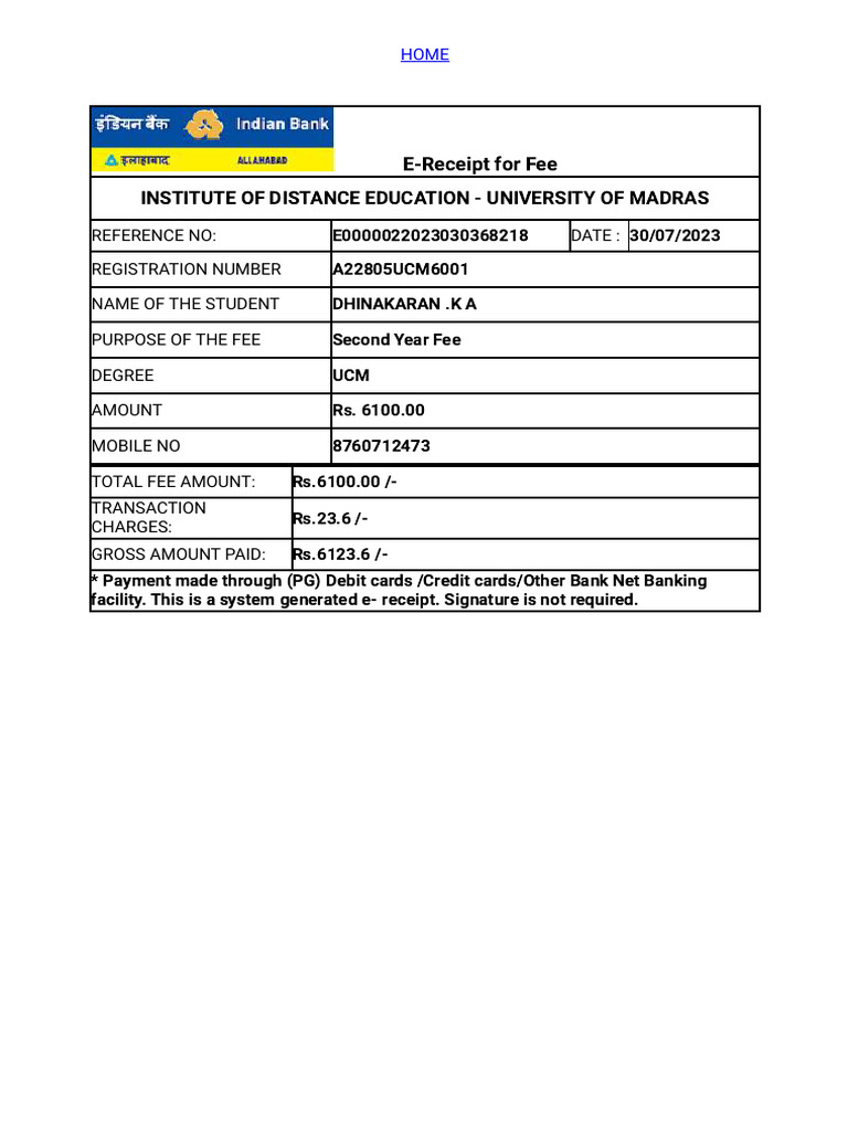 2nd Year - Indian Bank - Print Receipt | PDF