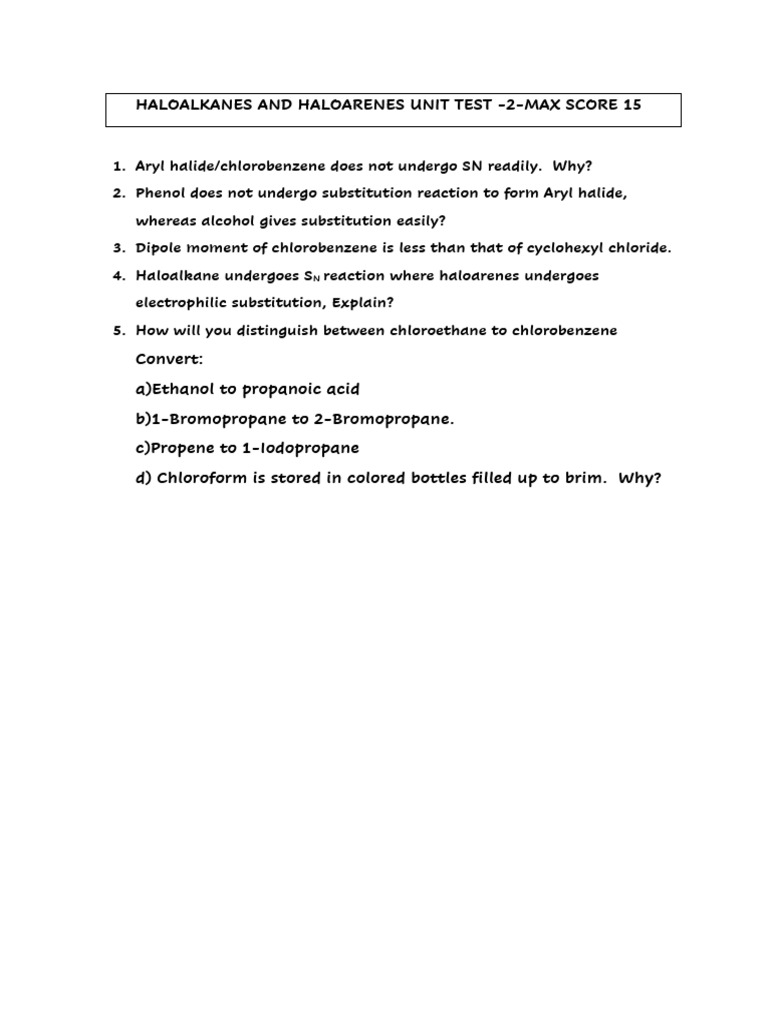 Haloalkanes and Haloarenes Unit Test | PDF