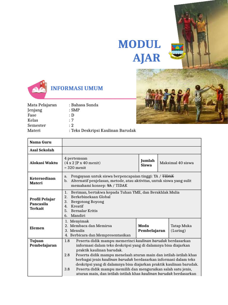 Modul Ajar - Bahasa Sunda - Kelas 7 - Kaulinan Barudak | PDF