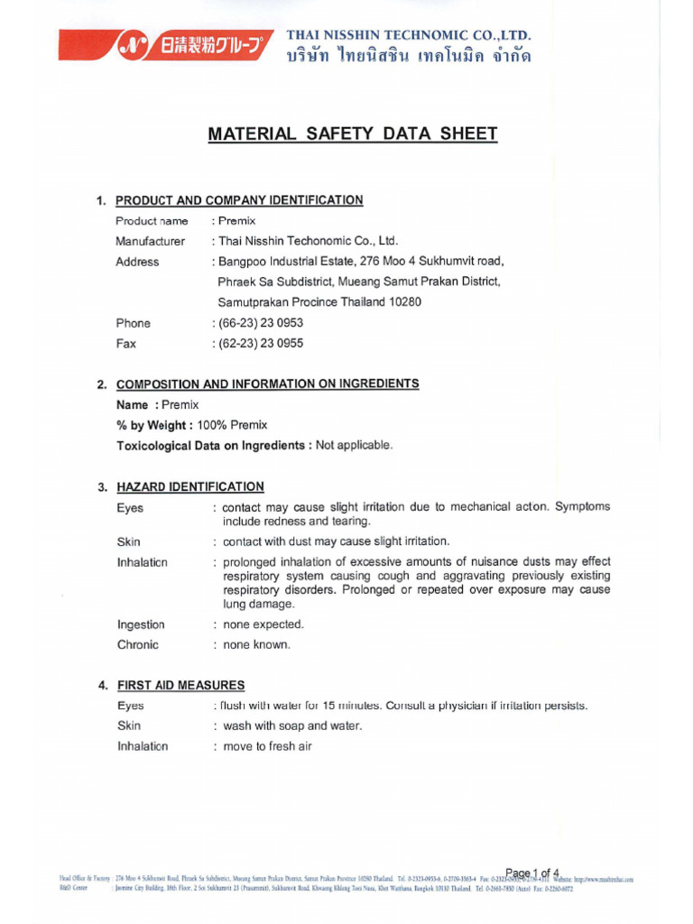 MSDS (Thai Nisshin Technomic) Letter | PDF