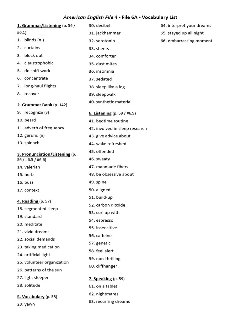 American English File 4-File 6A-Vocabulary List | PDF