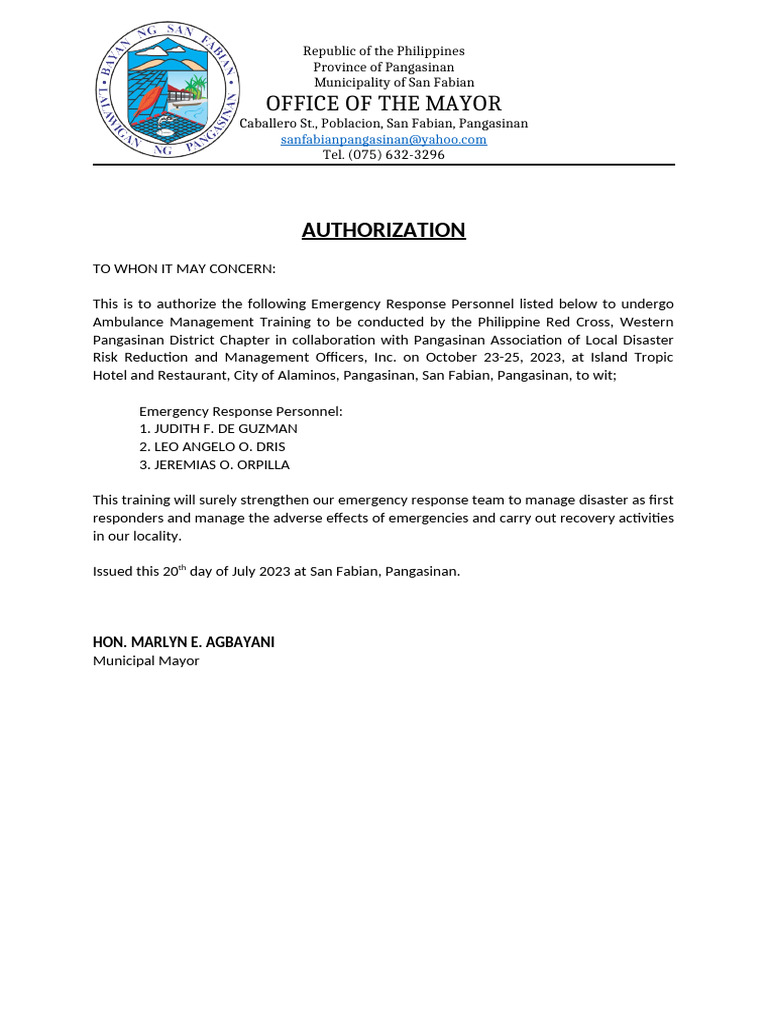 San Fabian Emergency Response Training Authorization | PDF