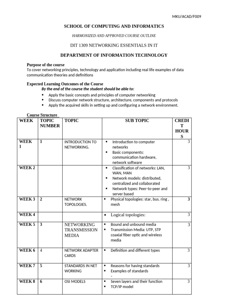 DIT1309 - DIT1108 - Introduction To Networking Essentials Course Outline | PDF | Computer ...