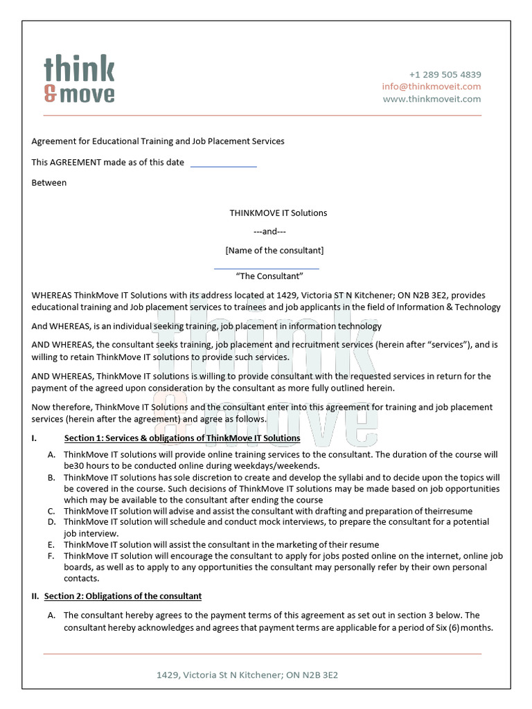 ThinkMove IT Solutions-Agreement For Educational Training and Job Placement Services (1) Updated ...