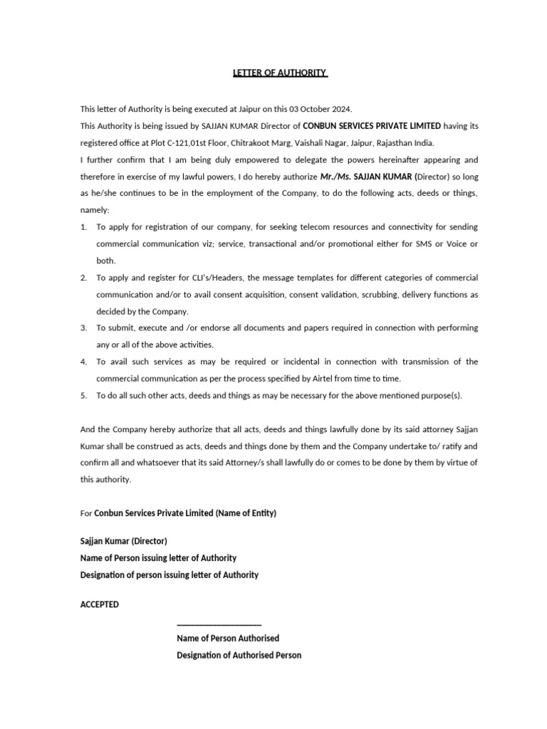 Authority Letter for Conbun Services | PDF