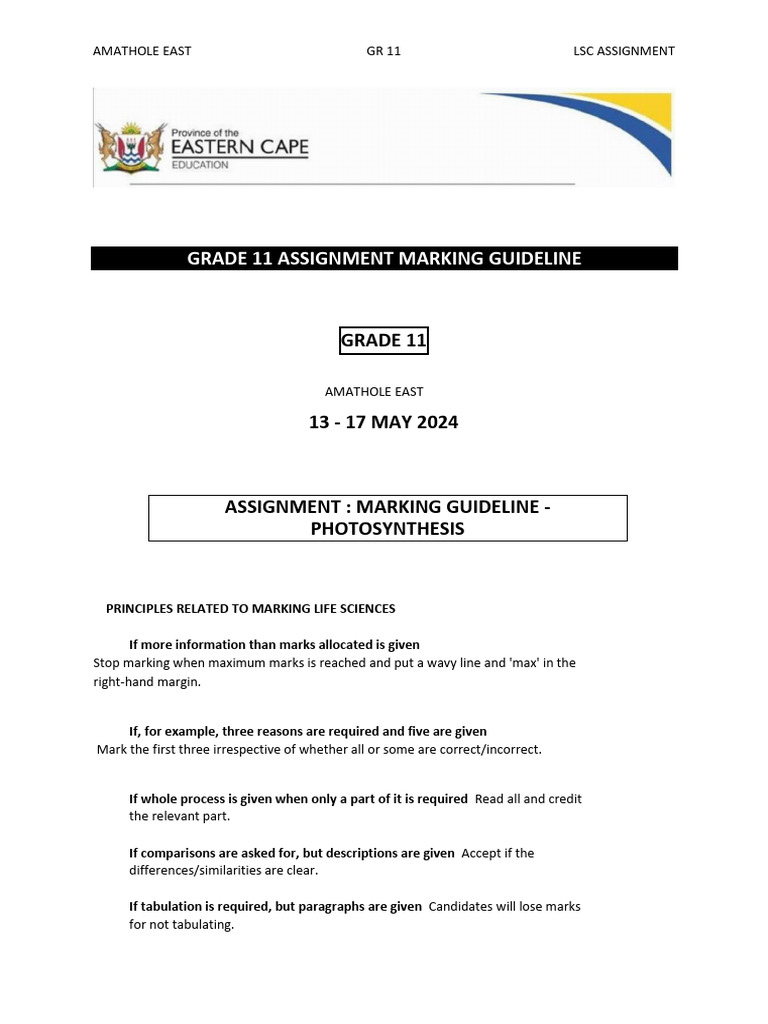 Grade 11 Life Sciences Assignment Memo PDF - 072149 | PDF | Leaf ...