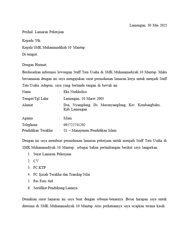 Surat Lamaran Kerja (Eka Nurkholisa) | PDF