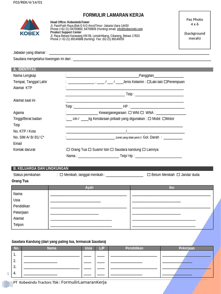 Form Lamaran Kerja Kobexindo | PDF