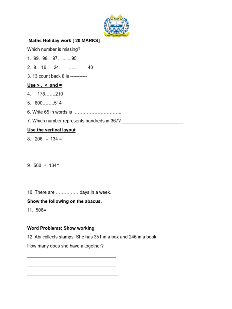 Maths Holiday Work for Kids | PDF
