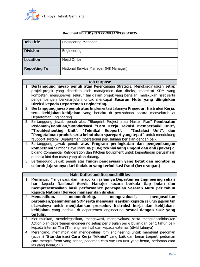 JD - RTG Engineering Manager | PDF