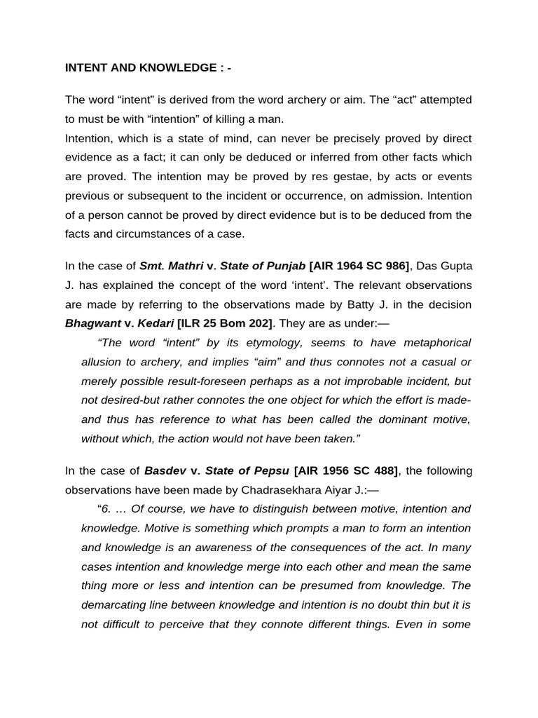 Understanding Intent vs. Knowledge in Law | PDF | Murder | Mens Rea