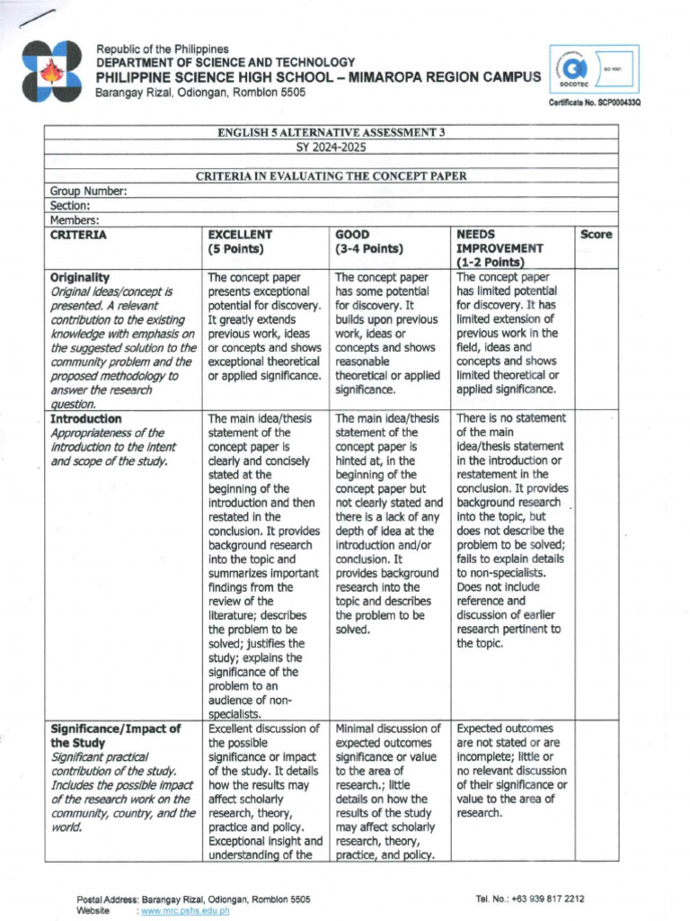 Concept Paper Rubrics | PDF