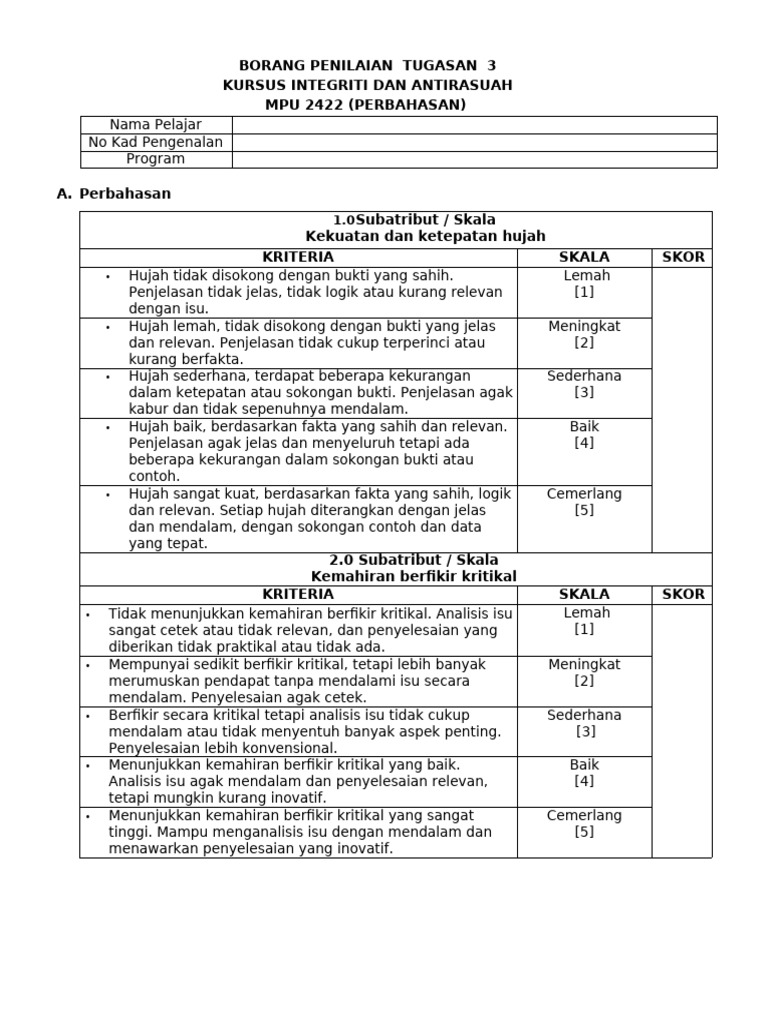 Borang Penilaian Tugasan 3 | PDF