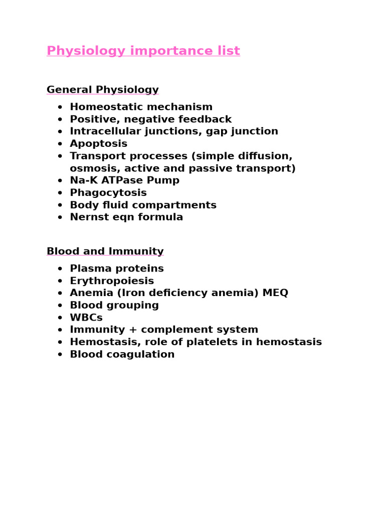Physiology Importance List | PDF | Heart | Skeletal Muscle