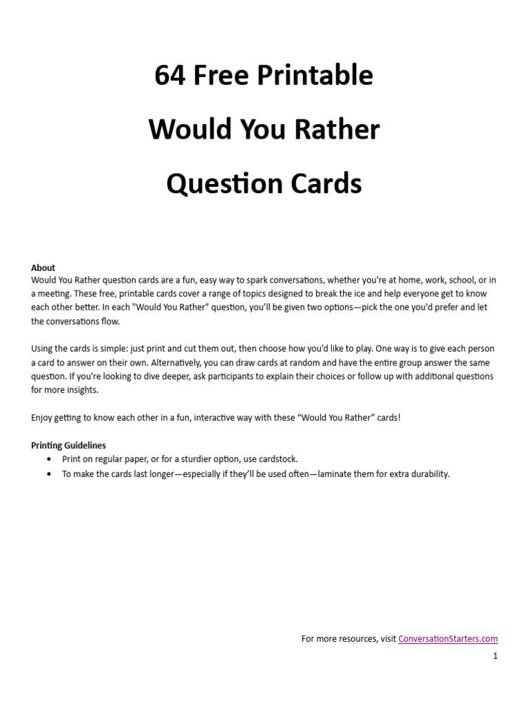 64 Free Printable Would You Rather Cards | PDF