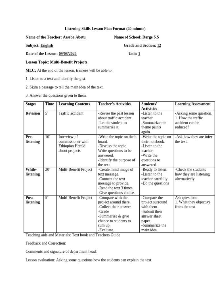 Listening Skills Lesson Plan Format | PDF | Lesson Plan | Human ...