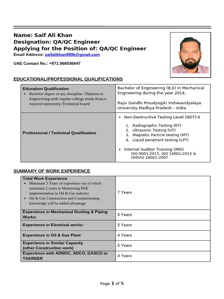 CV - SaifAli Khan - QA - QC Engineer Updated | PDF | Welding | Construction