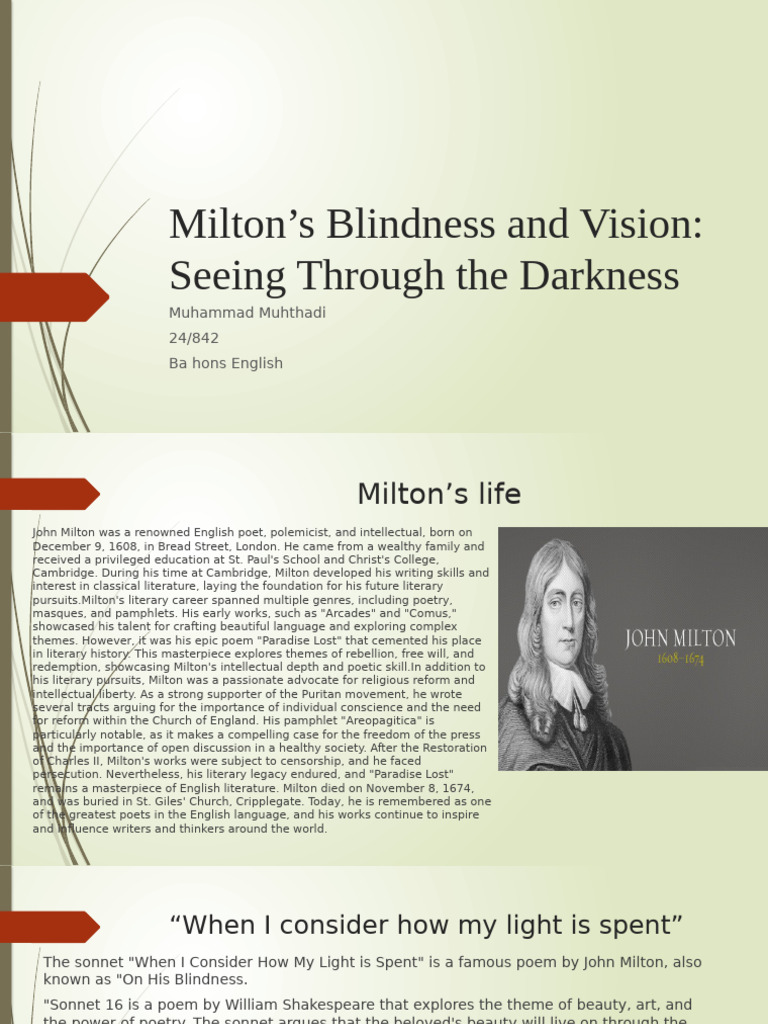 Milton's Blindness and Vision - 110517 | PDF | John Milton | Poetry
