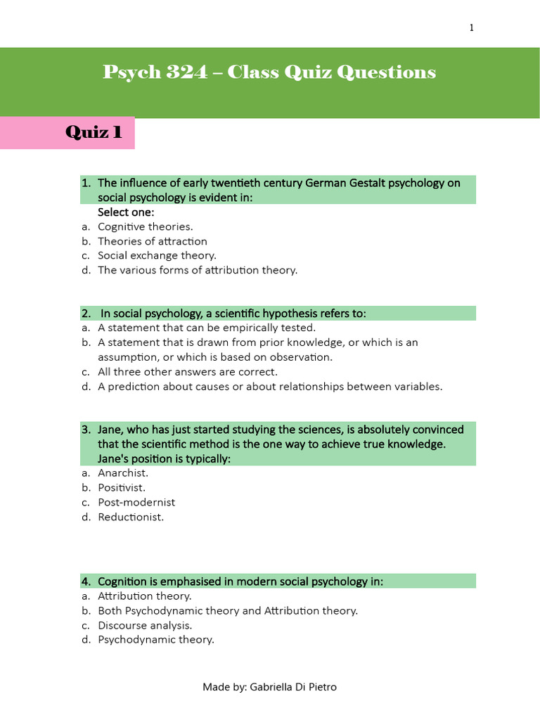Psych 324 Test (1) - MCQ | PDF | Psychology | Social Psychology