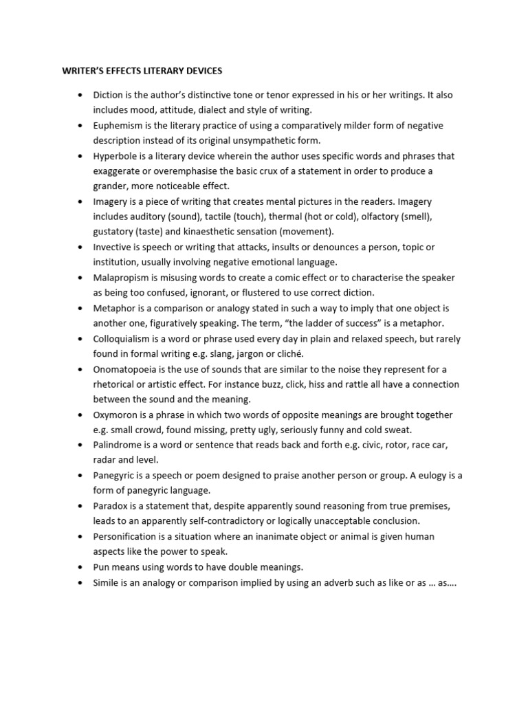 Writer's Effects Literary Devices | PDF | Metaphor | Linguistics