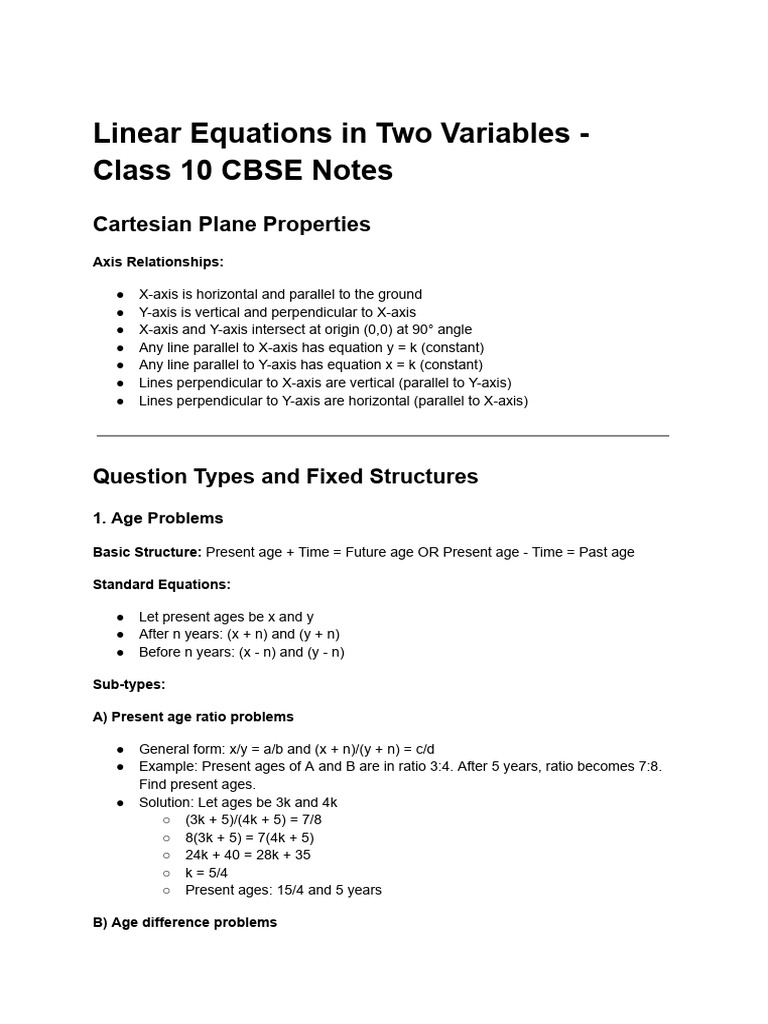 Linear Equations in Two Variables - Class 10 CBSE Notes | PDF ...