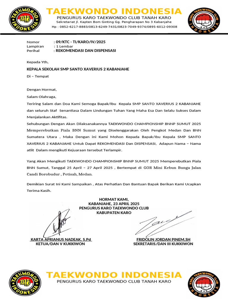 Dispensasi SMP Santo Xaverius 2 Kabanjahe Tahun 2025 | PDF