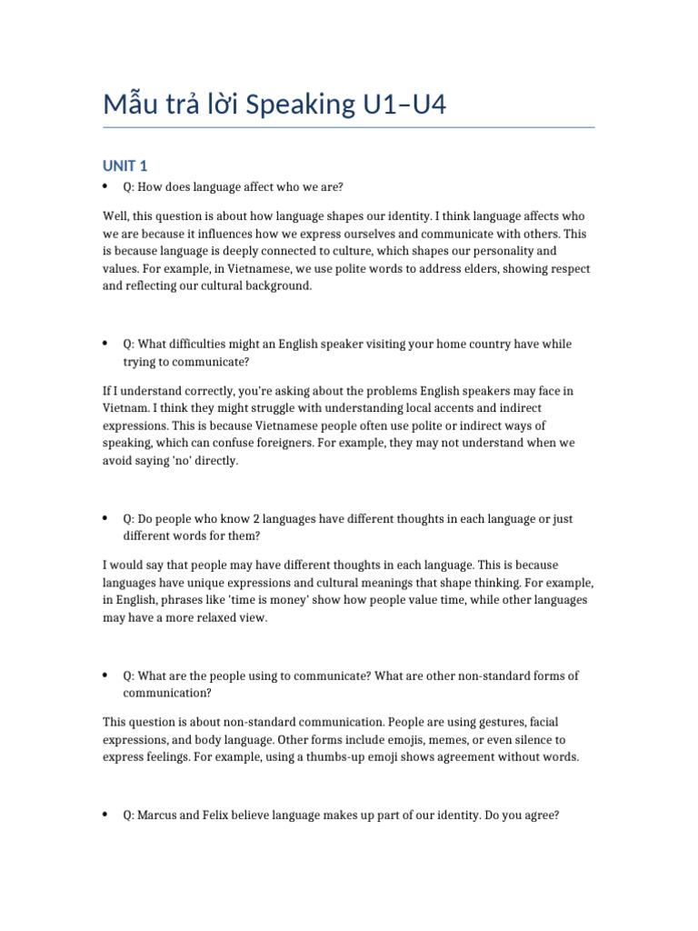 Mau Tra Loi Speaking U1 U4 Full | PDF | Camouflage | English Language