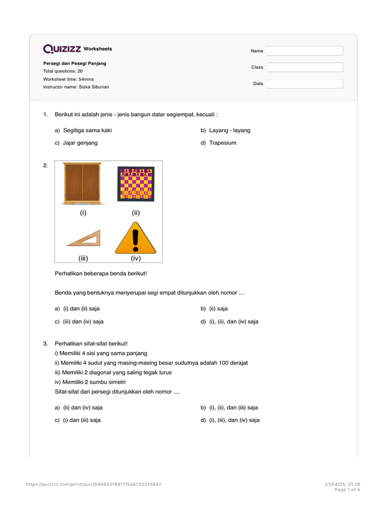 Persegi Dan Pesegi Panjang Quizizz | PDF