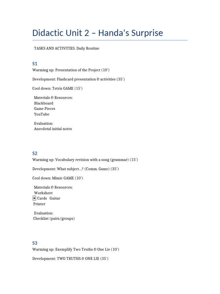 Didactic Unit 2 Handas Surprise | PDF