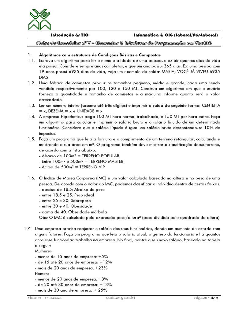 Ficha VI (ITIC-2025) - Elementos e Estruturas de Programação em VisuALG ...