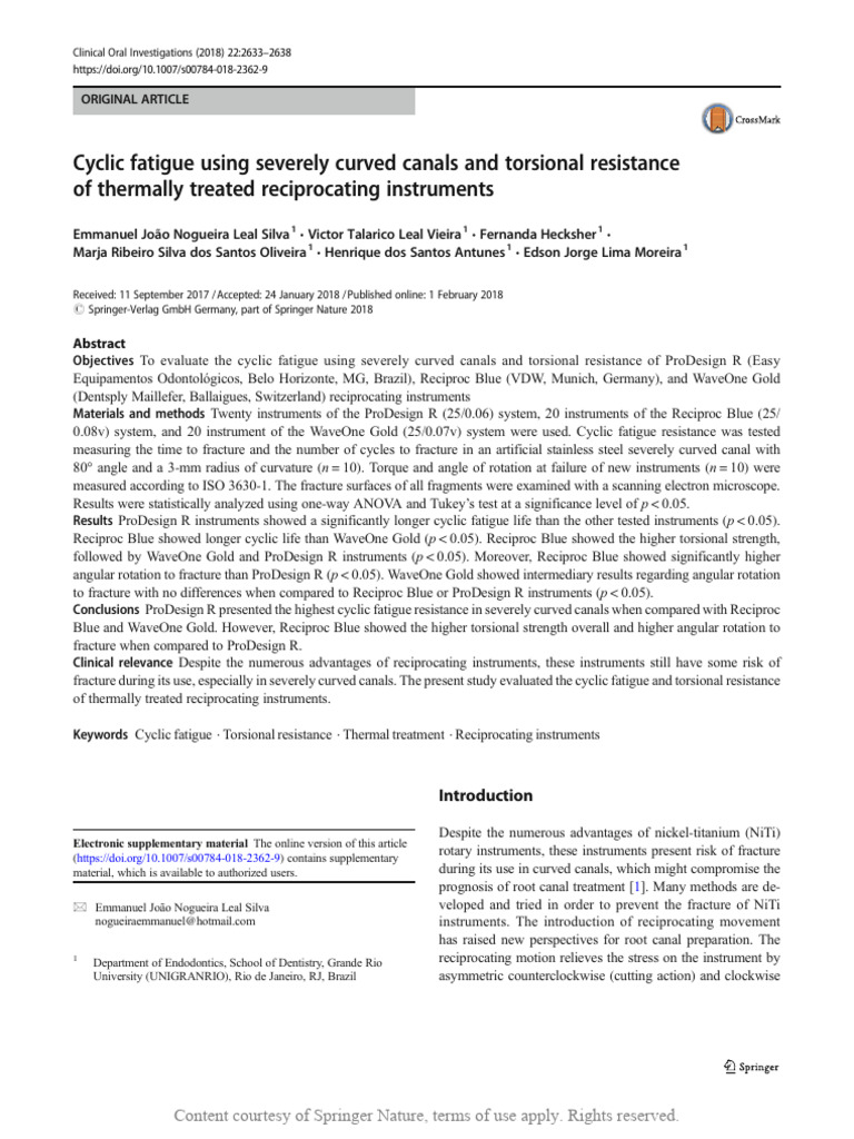 Cyclic Fatigue Using Severely Curved Canals and Torsional Resistance ...