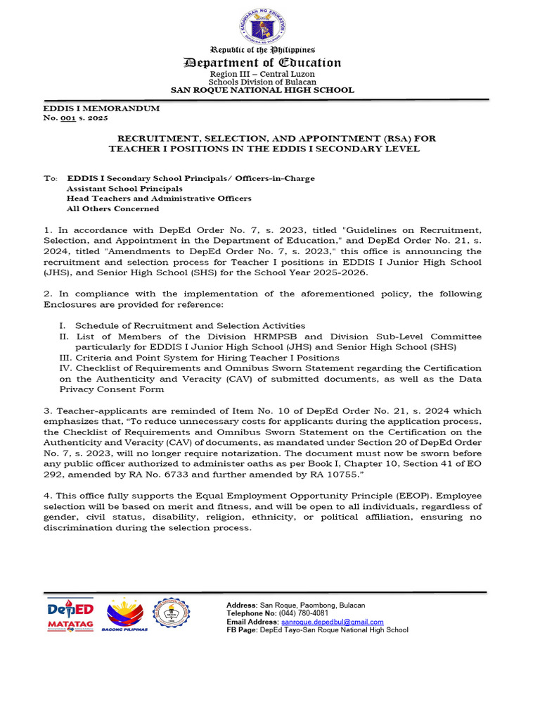 EDDIS I MEMO NO 001 S 25 Recruitment Selection and Appointment RSA For ...