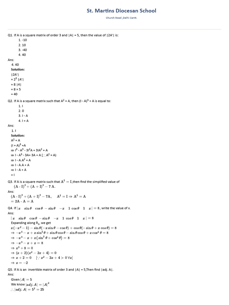 Matrices & Determinants Solutions | PDF | Operator Theory | Functions And Mappings