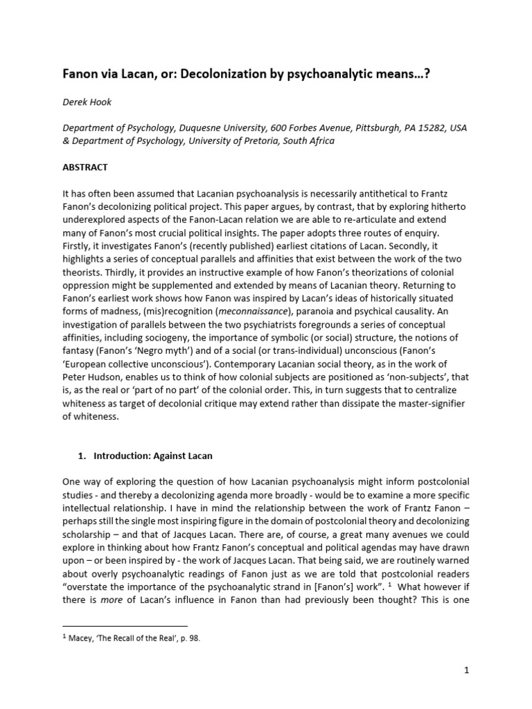 Fanon and Lacan: Psychoanalysis in Decolonization | PDF | Jacques Lacan ...