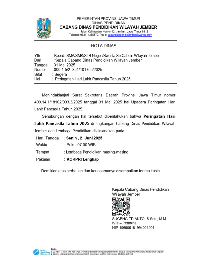 851 Nodin Upacara Peringatan Hari Lahir Pancasila 2 Juni 2025 - Sign | PDF